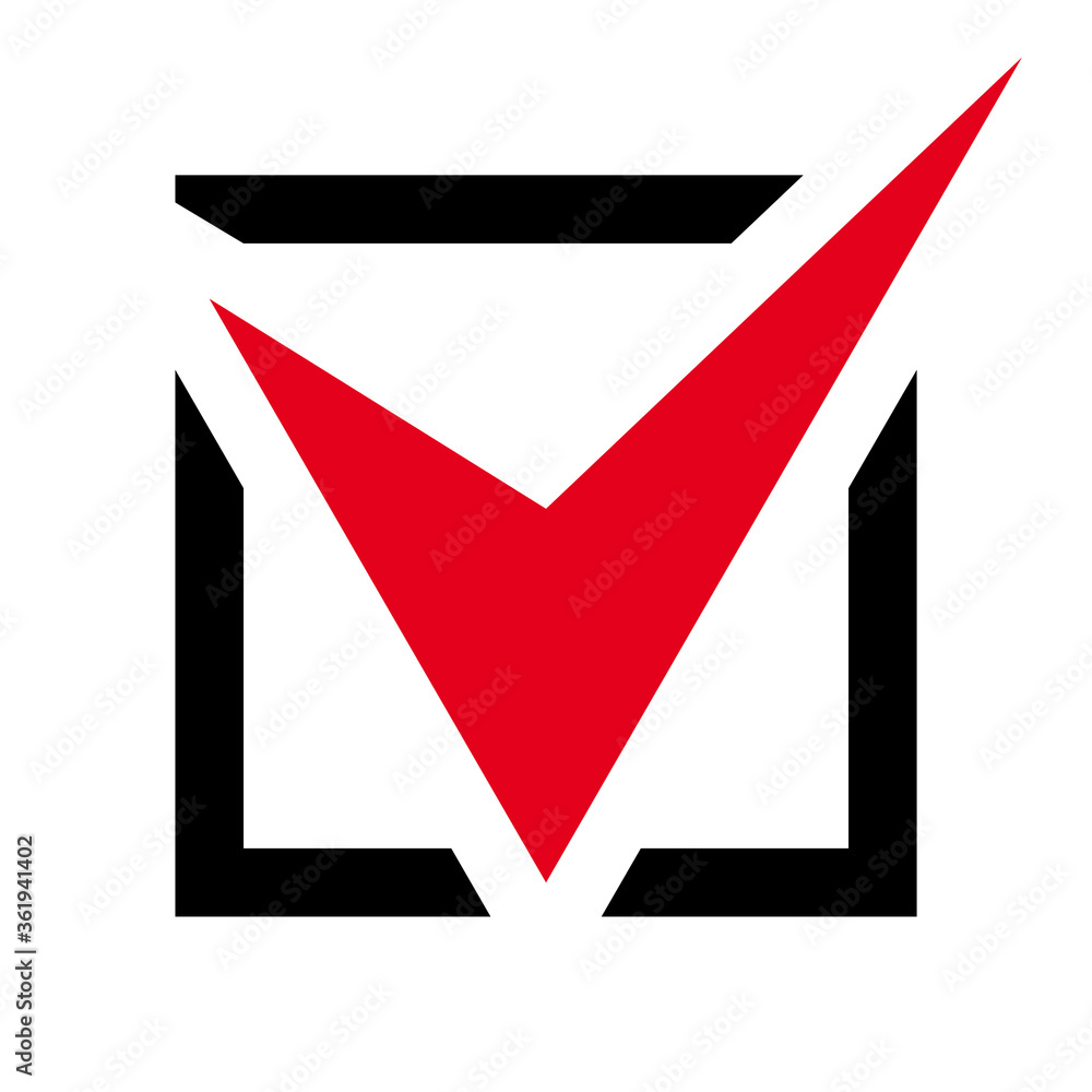 Checkbox icon, red tick symbol in a black square isolated on a white ...
