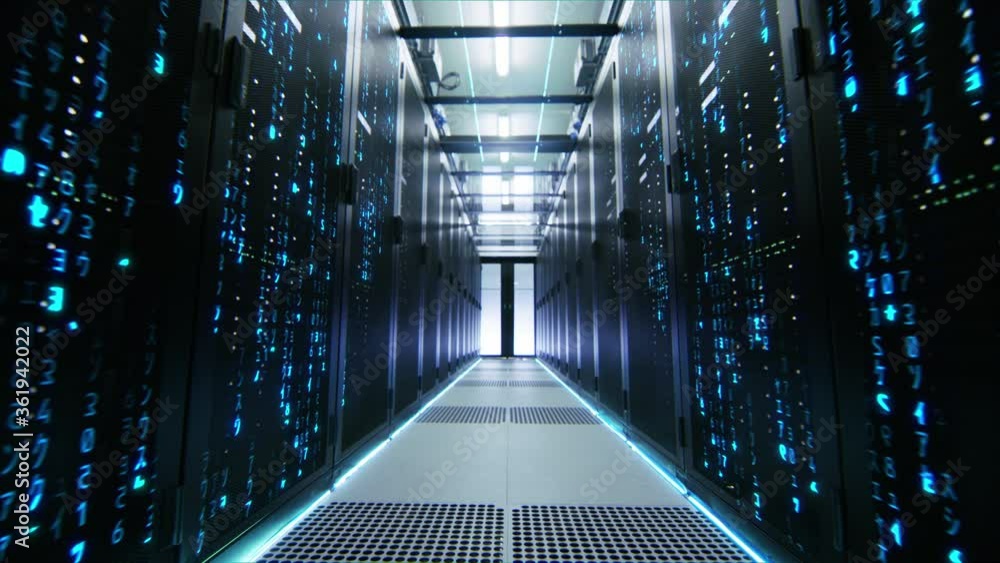 Data Center Matrix Style Numbers Raining in Server Racks. Animation Visualizing and Digitalizing ...