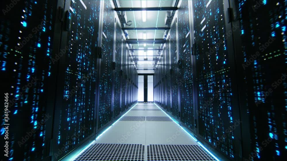 Data Center Matrix Style Numbers Raining in Server Racks. Animation Visualizing and Digitalizing ...