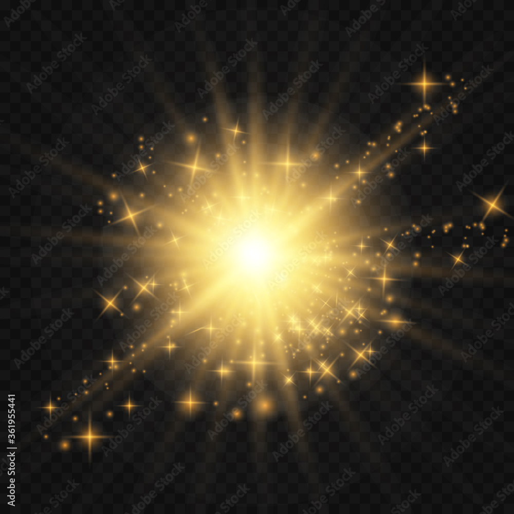 Set of yellow glowing light explodes on a transparent background ...