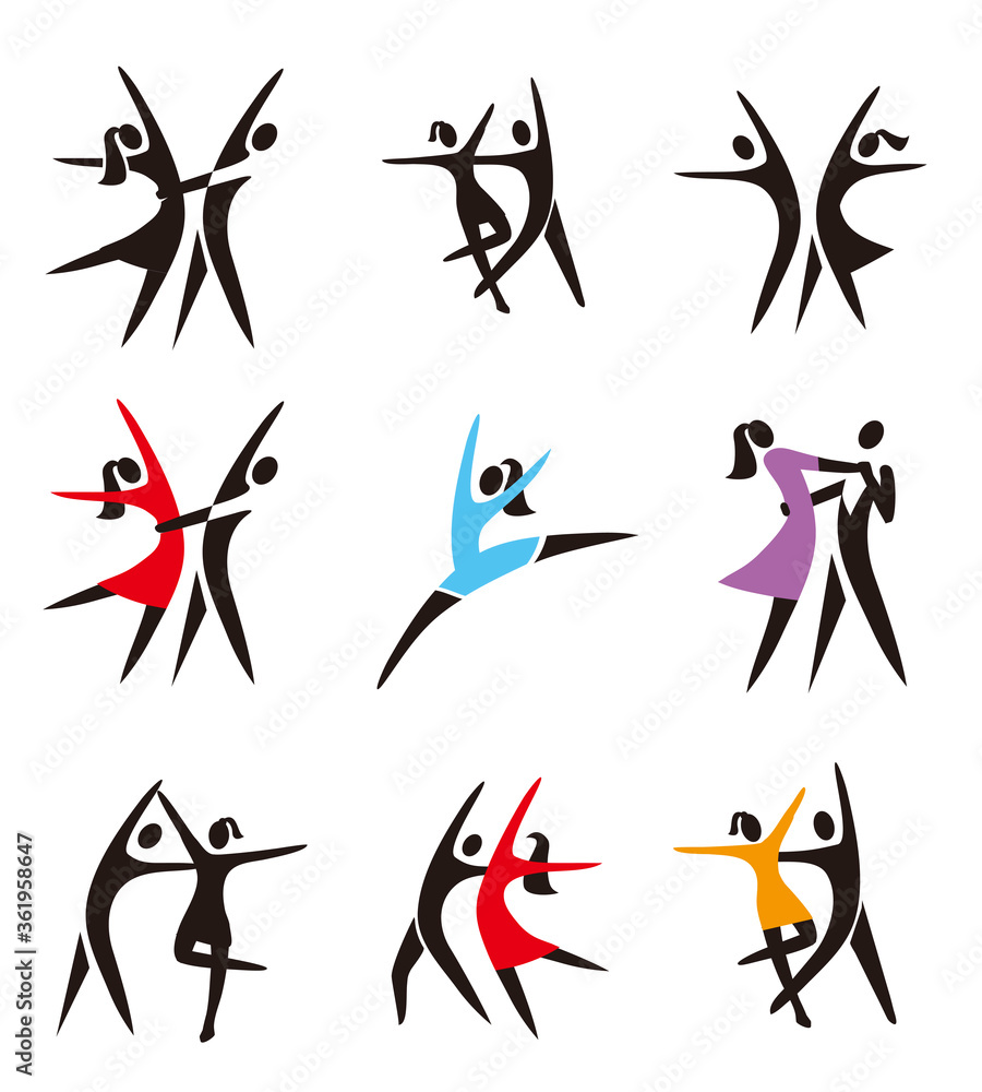 Couple ,ballroom dancing ,ballet,icons. Set of black and colorful dance ...