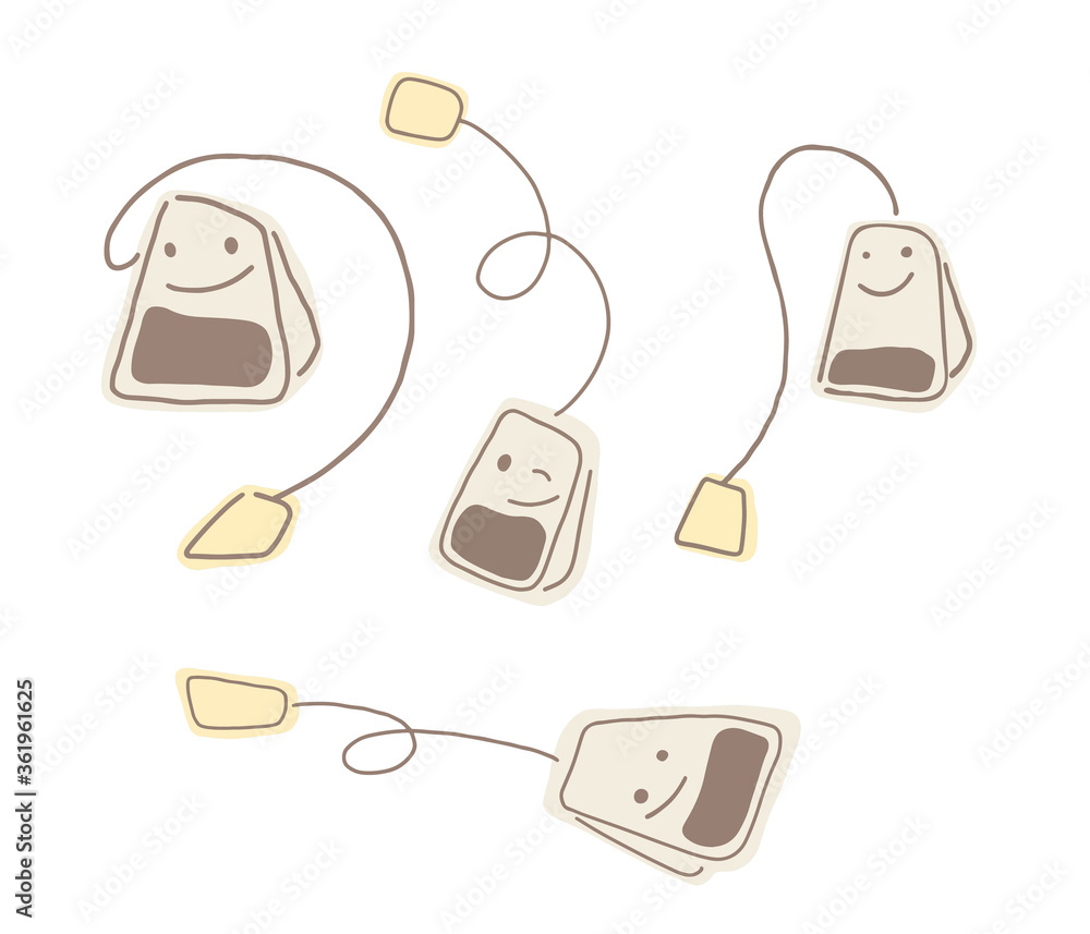 Hand drawn simple style illustration of tea bag, Funny smiling ...