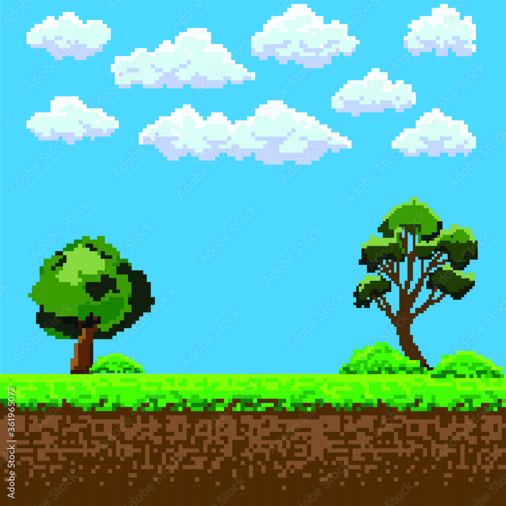 Pixel art game background with ground, grass, sky and clouds. Stock ...