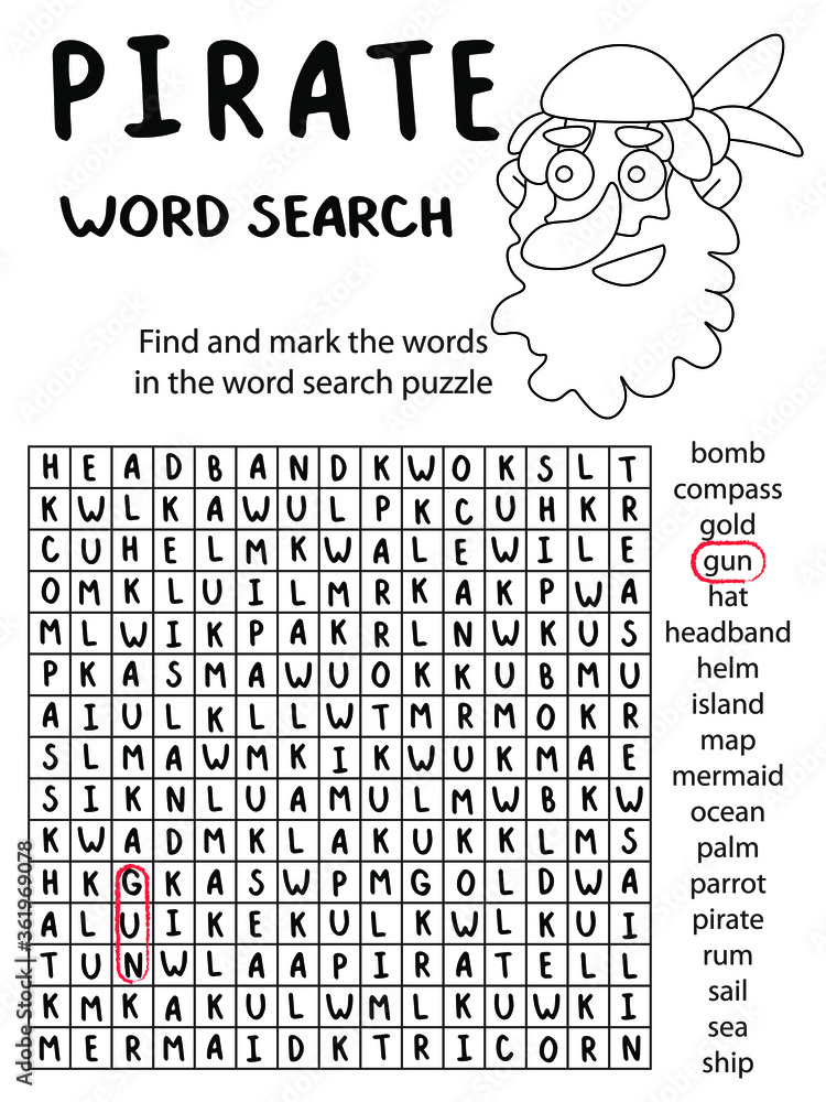 Pirate themed word search puzzle stock vector illustration. Black and ...