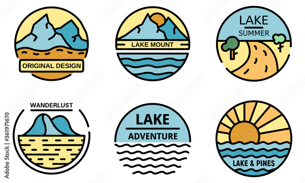Lake logo set. Outline set of lake vector logo thin line color flat on ...