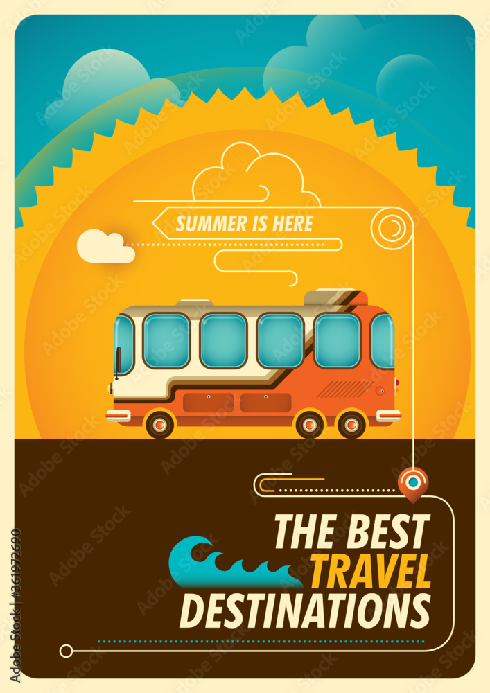 Traveling poster with bus. Vector illustration. Stock Vector | Adobe Stock