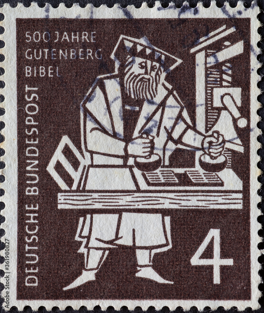 Johannes Gutenberg can be seen printing the first Bible on a printing ...