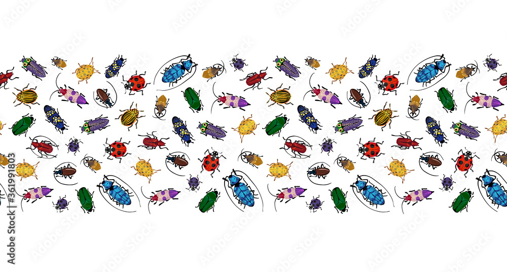 Seamless pattern, border with colorful bugs. Bright handdrawing of ...