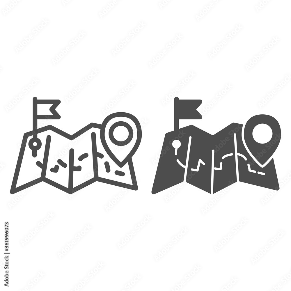 Vetor de Map with route from pointer to flag line and solid icon, Navigation concept, Location ...