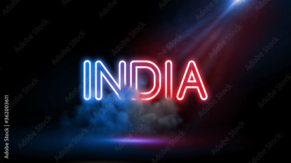 INDIA, Country name in neon light effect, Studio room environment with ...