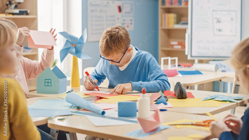 Elementary School Arts & Crafts Class: Diverse Group of Smart Children ...