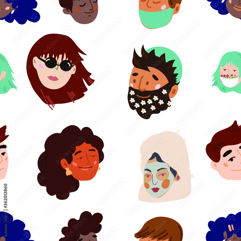 Seamless patterns and hand drawn texture. Various people faces ...