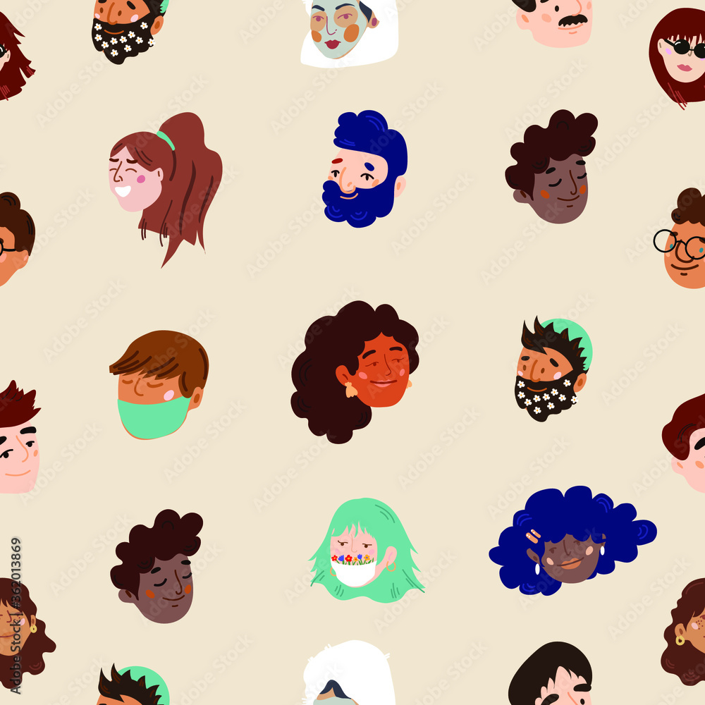 Seamless patterns and hand drawn texture. Various people faces ...