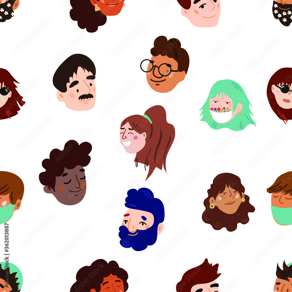 Seamless patterns and hand drawn texture. Various people faces ...