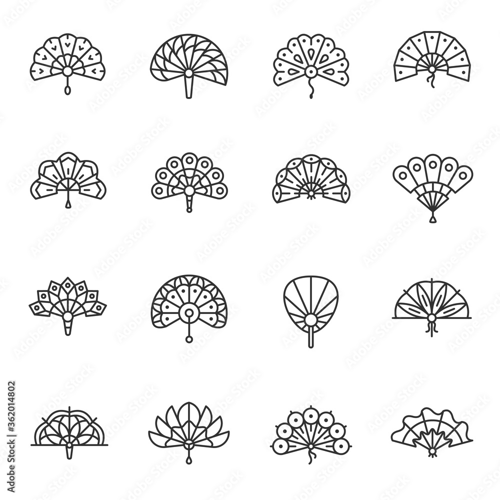 Oriental fans, icon set. Hand fan, various shapes, linear icons. Line ...