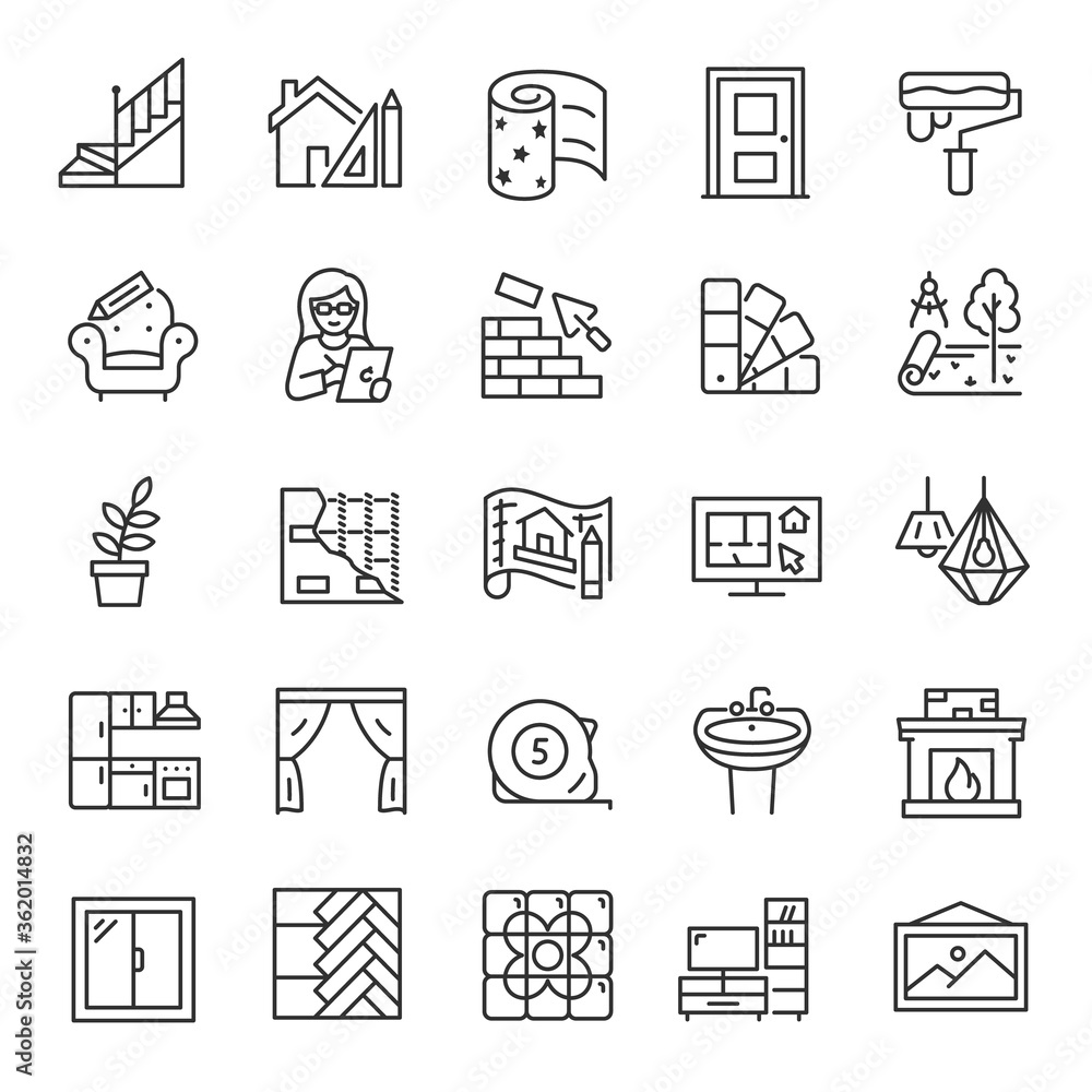 Interior and exterior design, icon set. Interior designer, conceptual ...