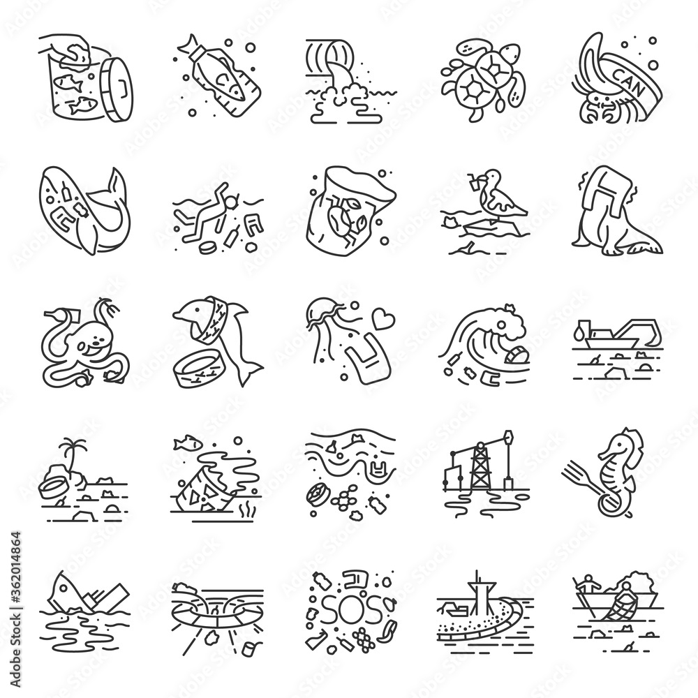 Marine pollution, icon set. Ecological disaster, animals and ... Marine pollution, icon set. Ecological disaster, animals and ...