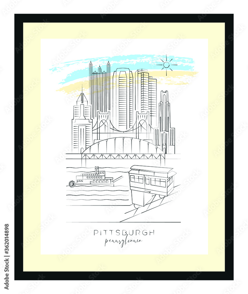 Pittsburgh poster minimal linear vector illustration and typography ...
