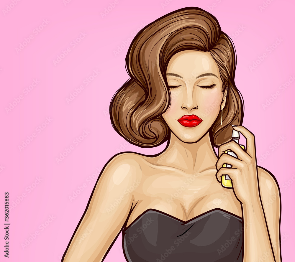 Pop Art Beautiful Woman Spraying Perfume Water On Her Neck Pretty