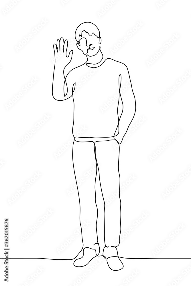 young man stands at full height and waves his hand to the audience ...