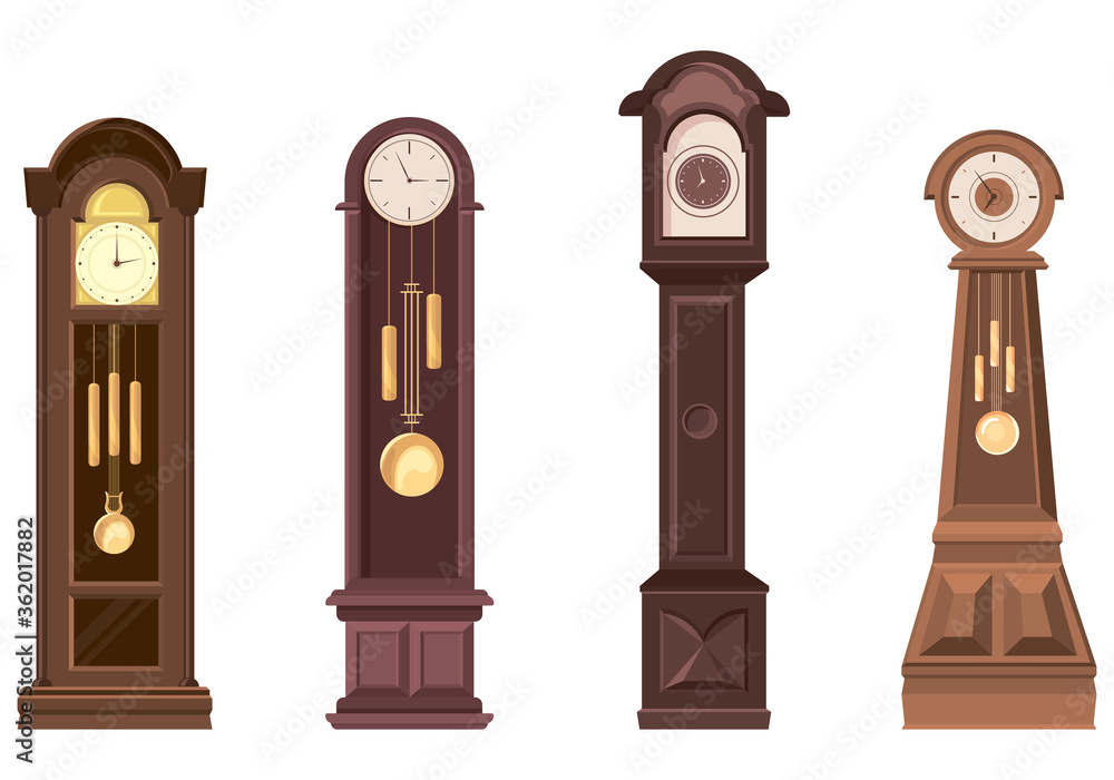 Set of grandfather clocks. Beautiful vintage objects in cartoon style ...