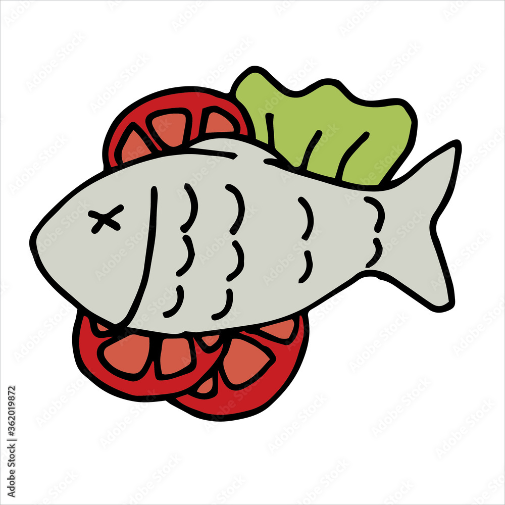 vector doodle style, cartoon. fish with vegetables. Cute icon of baked ...