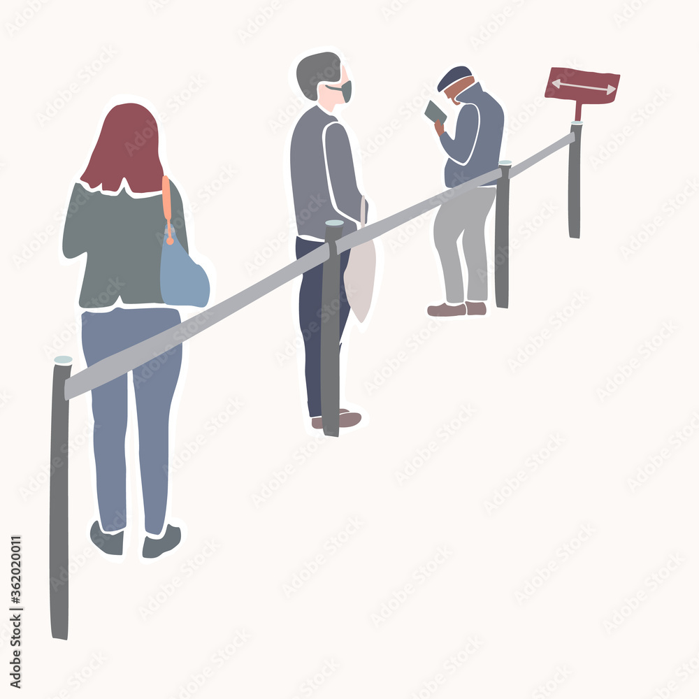 Social distancing people in a queue behind barrier concept. Group ...