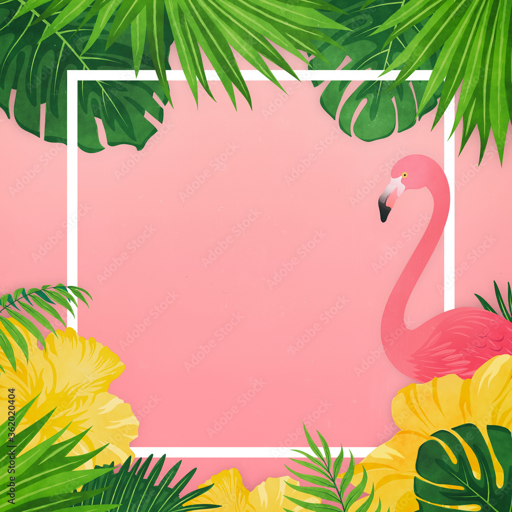 Square frame with tropical palm leaves and pink flamingo with empty ...