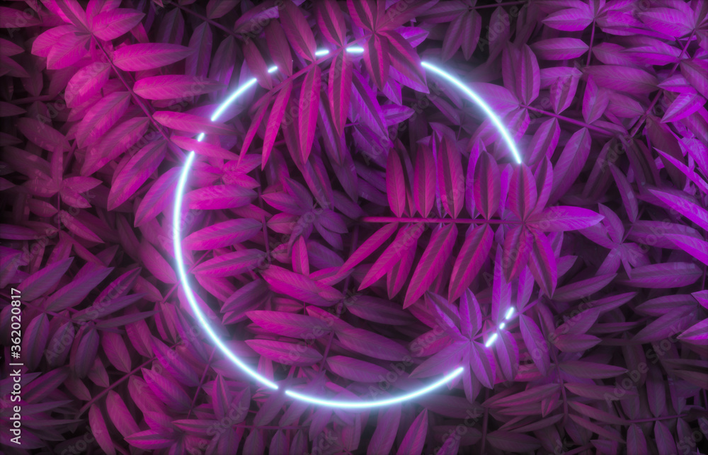 Abstract neon frame backdrop with tropical leaves background. 3d render ...