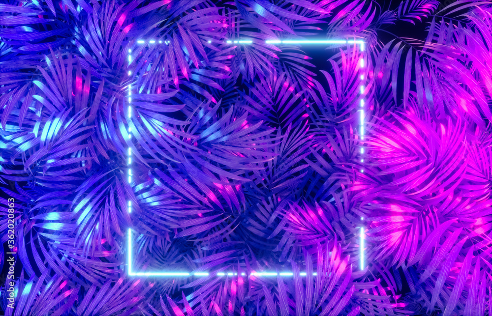 Abstract neon frame backdrop with tropical leaves background. 3d render ...