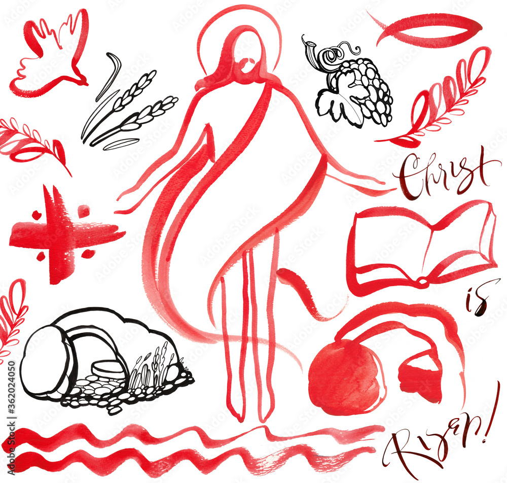 Hand drawn watercolor set of Christian elements, the resurrection of ...