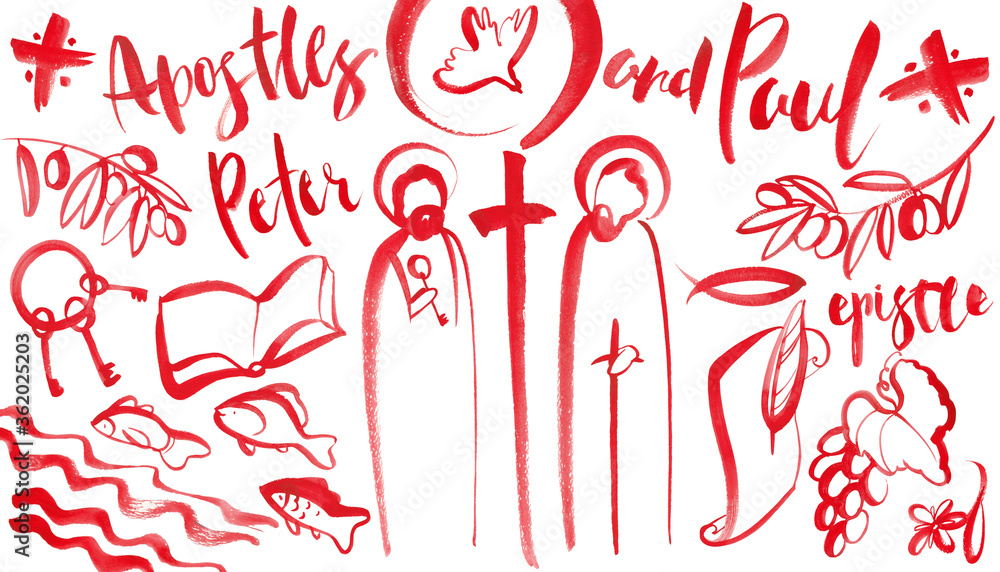 .Hand-drawn set of illustrations of the holy apostles Peter and Paul ...