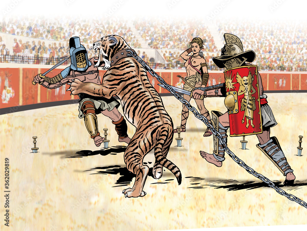 Ancient Rome - Fight between gladiator and a tiger Stock Illustration ...