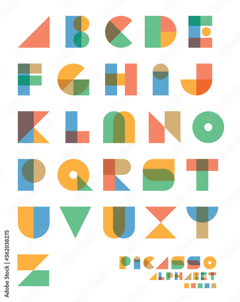 Pop art vintage style designed Picasso-inspired vector alphabet set ...