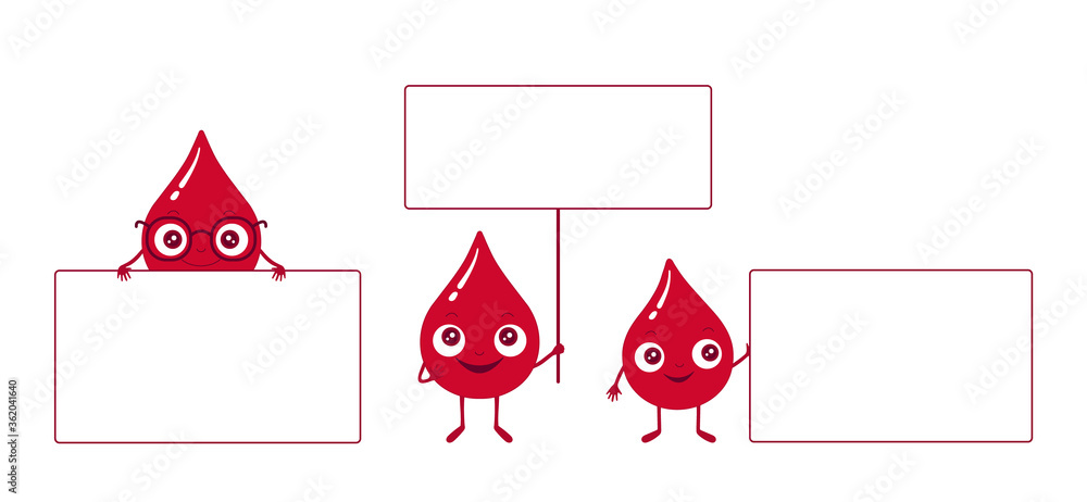 Vector illustration of red blood drop character holding blank ...