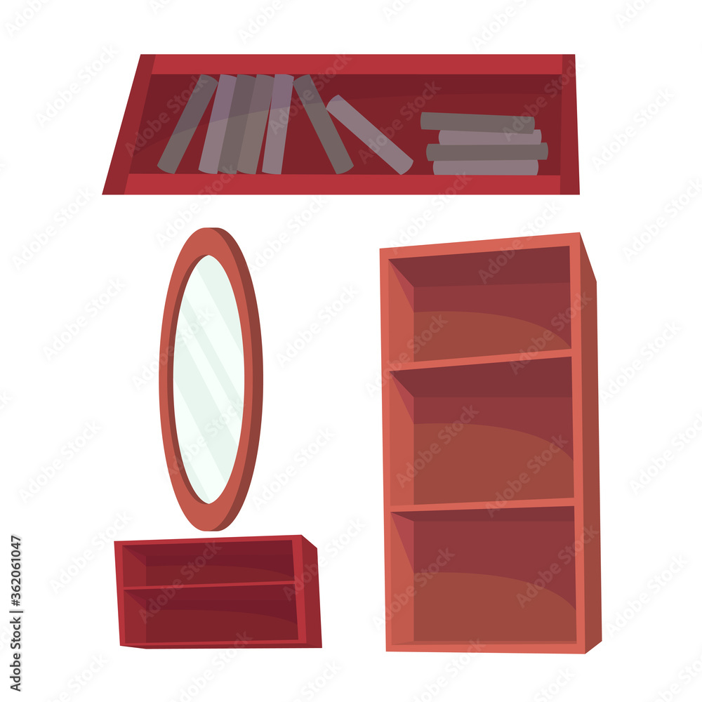 Set with mirror and different types of open cabinets. Vector cartoon ...
