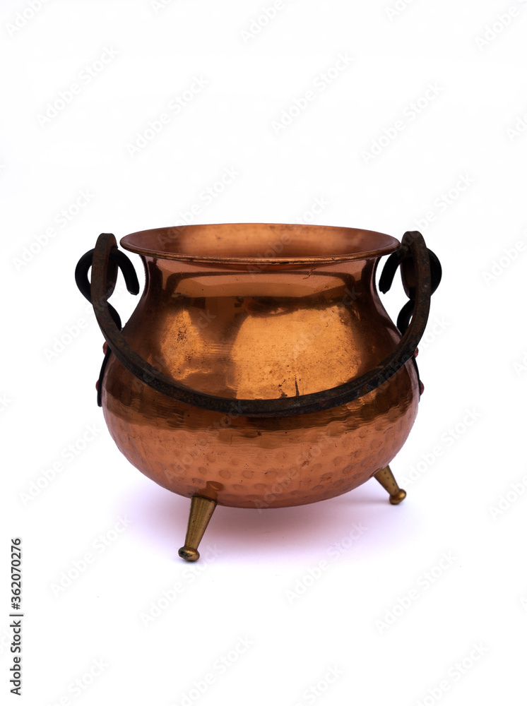 Old antique copper / bronze pot / cauldron / kettle with black handler ...