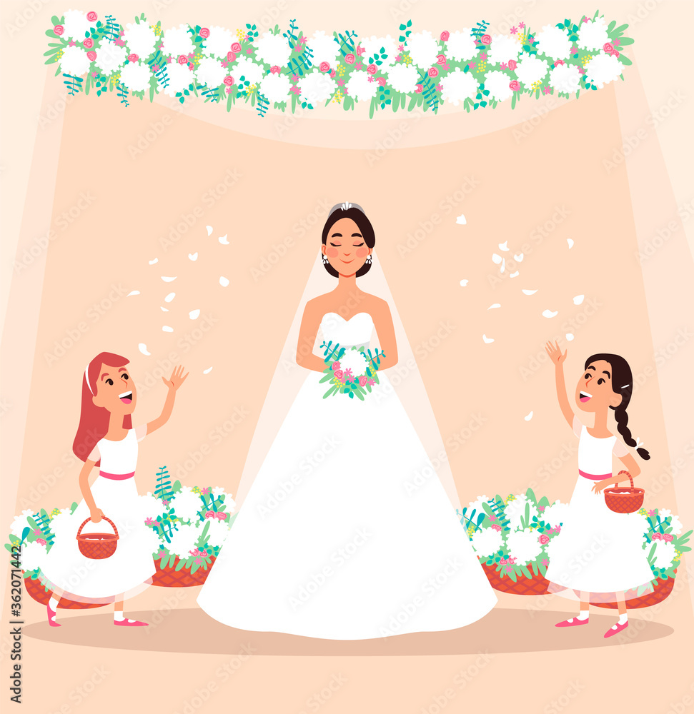 Here comes the bride with girls who throw petals in the air. Cute ...