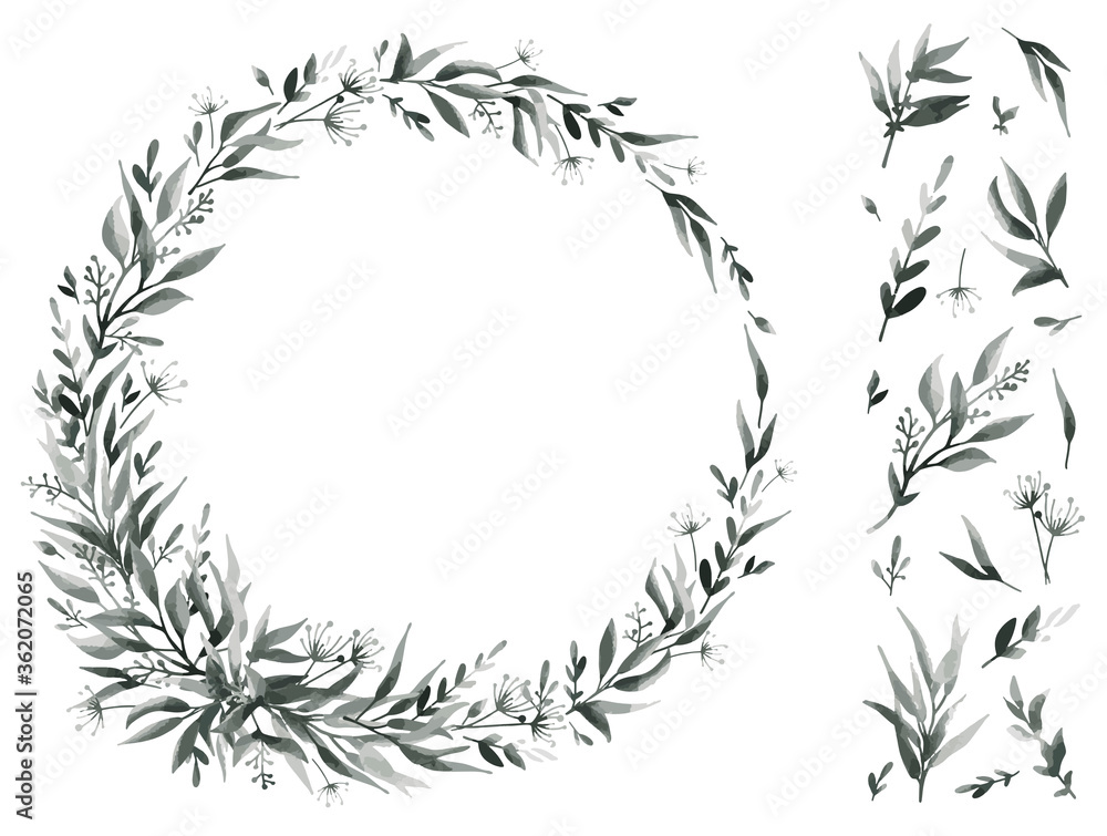 Botanical wreath. Flowers, leaves and branches in round frame. Vintage ...