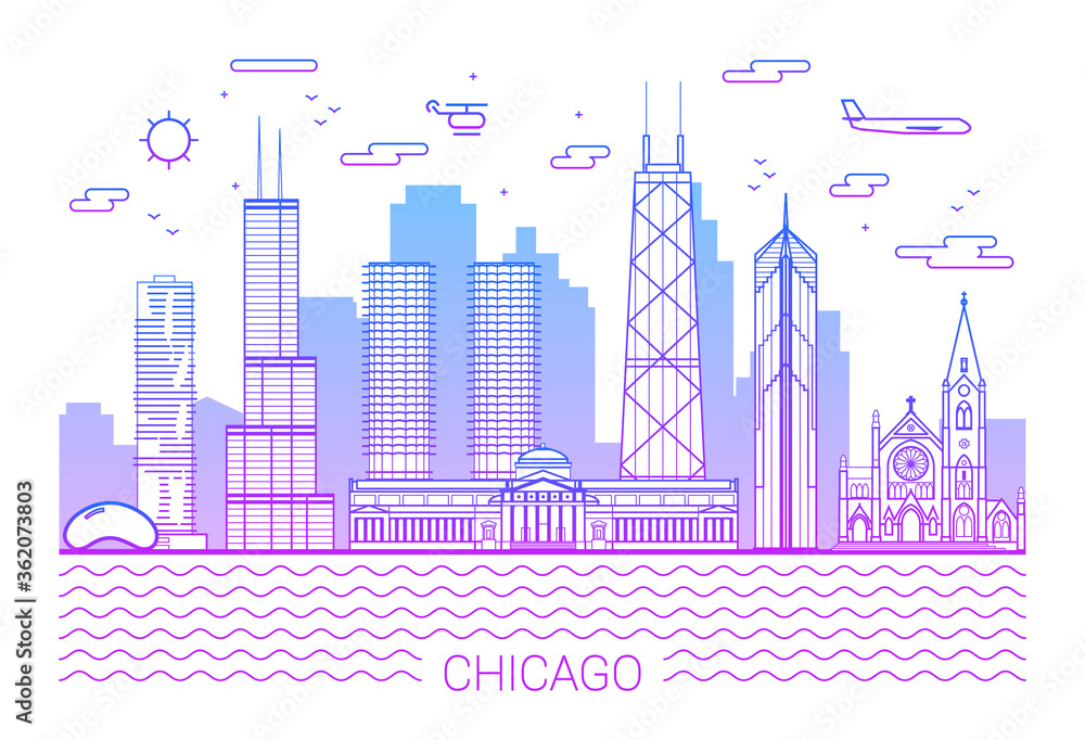 Chicago city, Pink Line Art Vector illustration with all famous towers ...