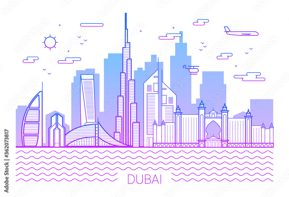 Dubai city purple line art Vector illustration with all famous towers ...