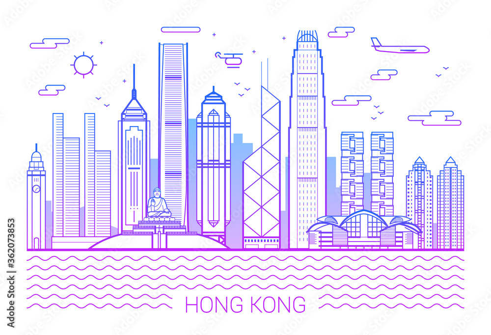 Hong Kong city pink line art vector. Illustration with all famous ...