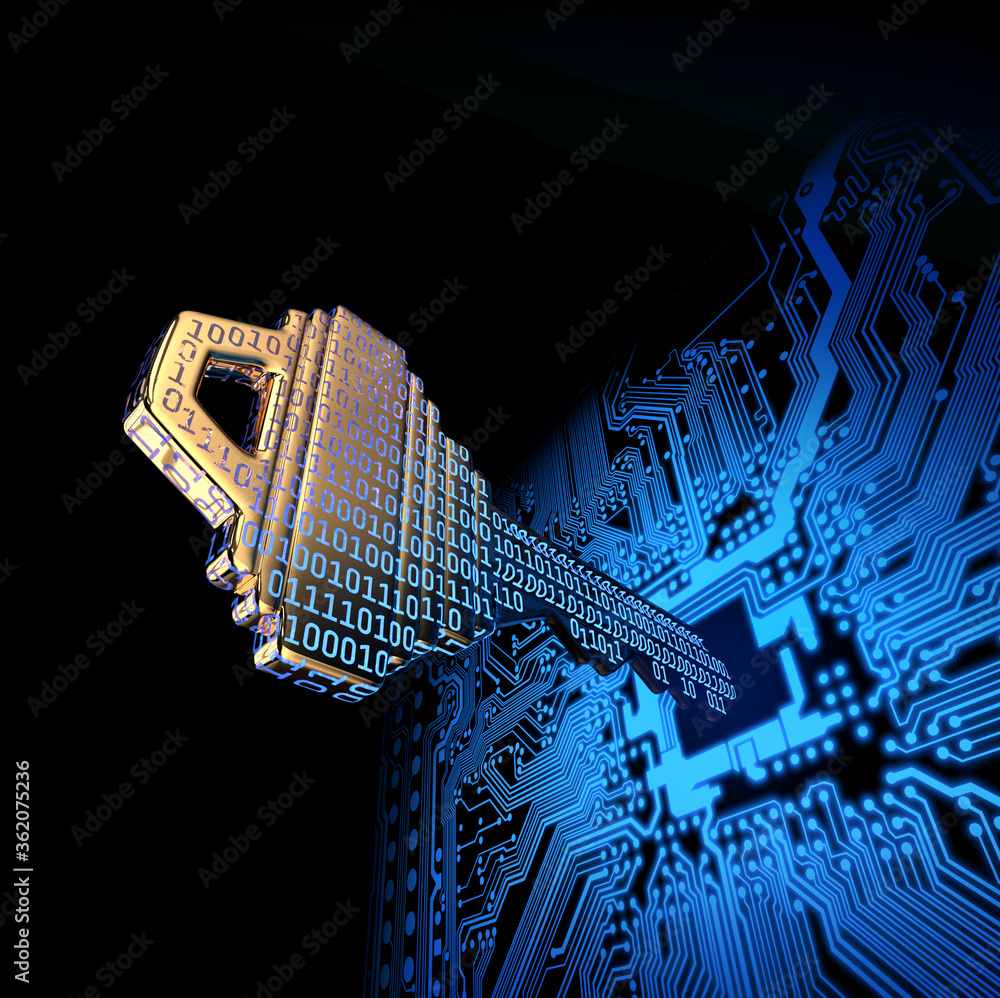 Photo & Art Print A Cybersecurity Concept Illustration; A Key Formed from Binary Code Goes Into ...