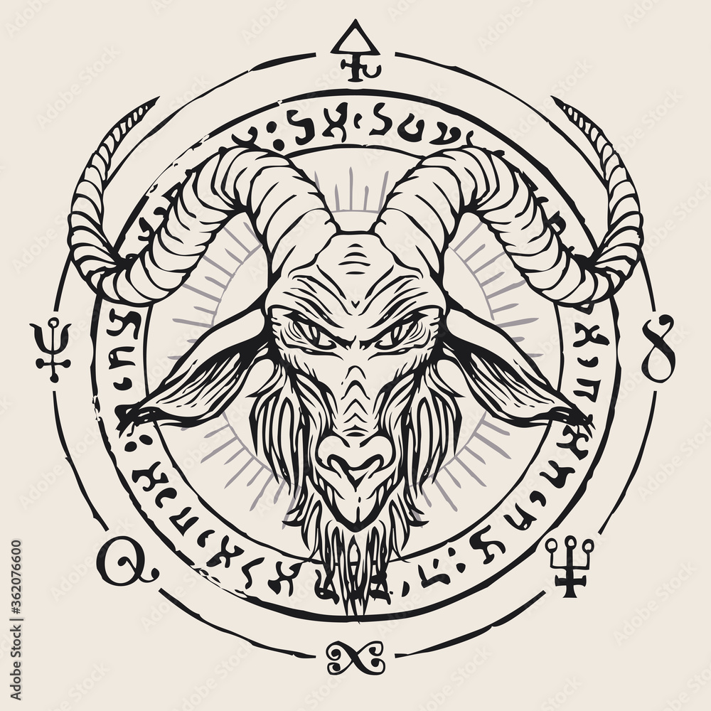 Hand-drawn horned goat head on a background of occult and witchcraft ...