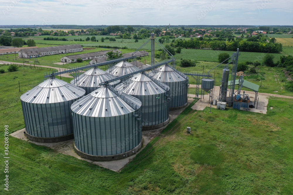 Agricultural silos on the farm, close-ups from above with a drone. Farm ...