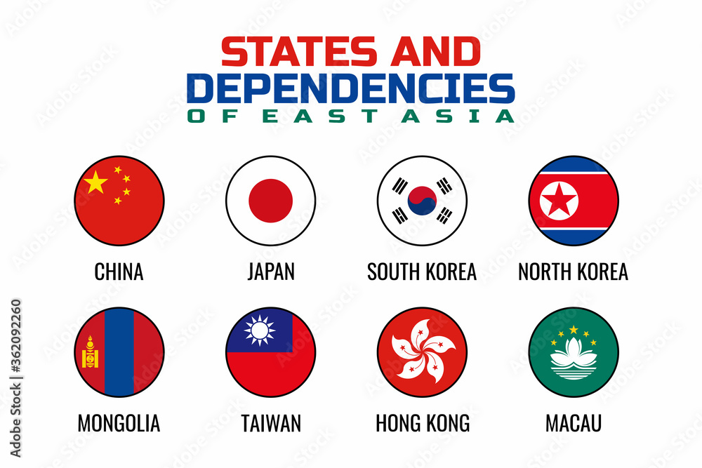 States and Dependencies of East Asia Round Flag. China, Japan, South ...