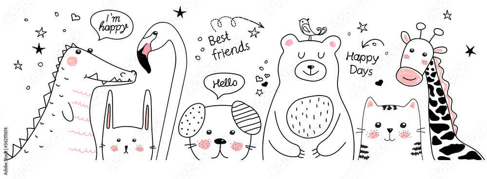 Cartoon animals in scandinavian style. Sketch. Doodle. Stock Vector ...