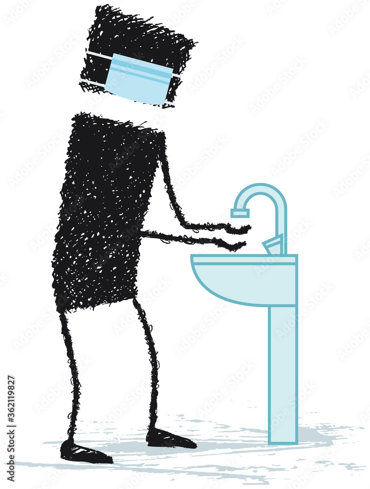 Wash your hands. A stick figure with a face mask washes his hands to ...
