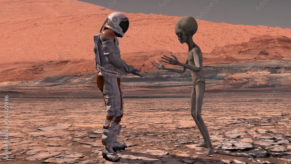 Astronaut meets a Martian on Mars. First contact. Alien on Mars ...
