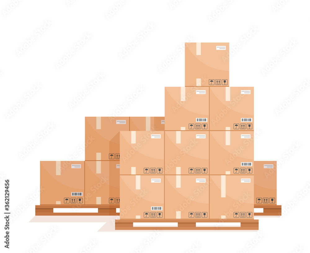 Vector cardboard packaging boxes in flat cartoon style. Boxes pallet ...